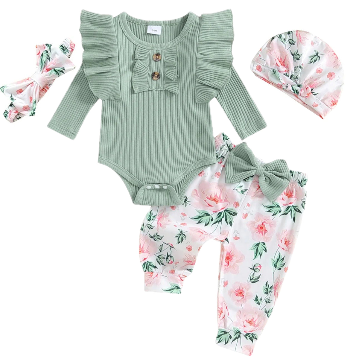 Green Baby Girl Outfit Set – Romper with Buttons, Harem Pants ...
