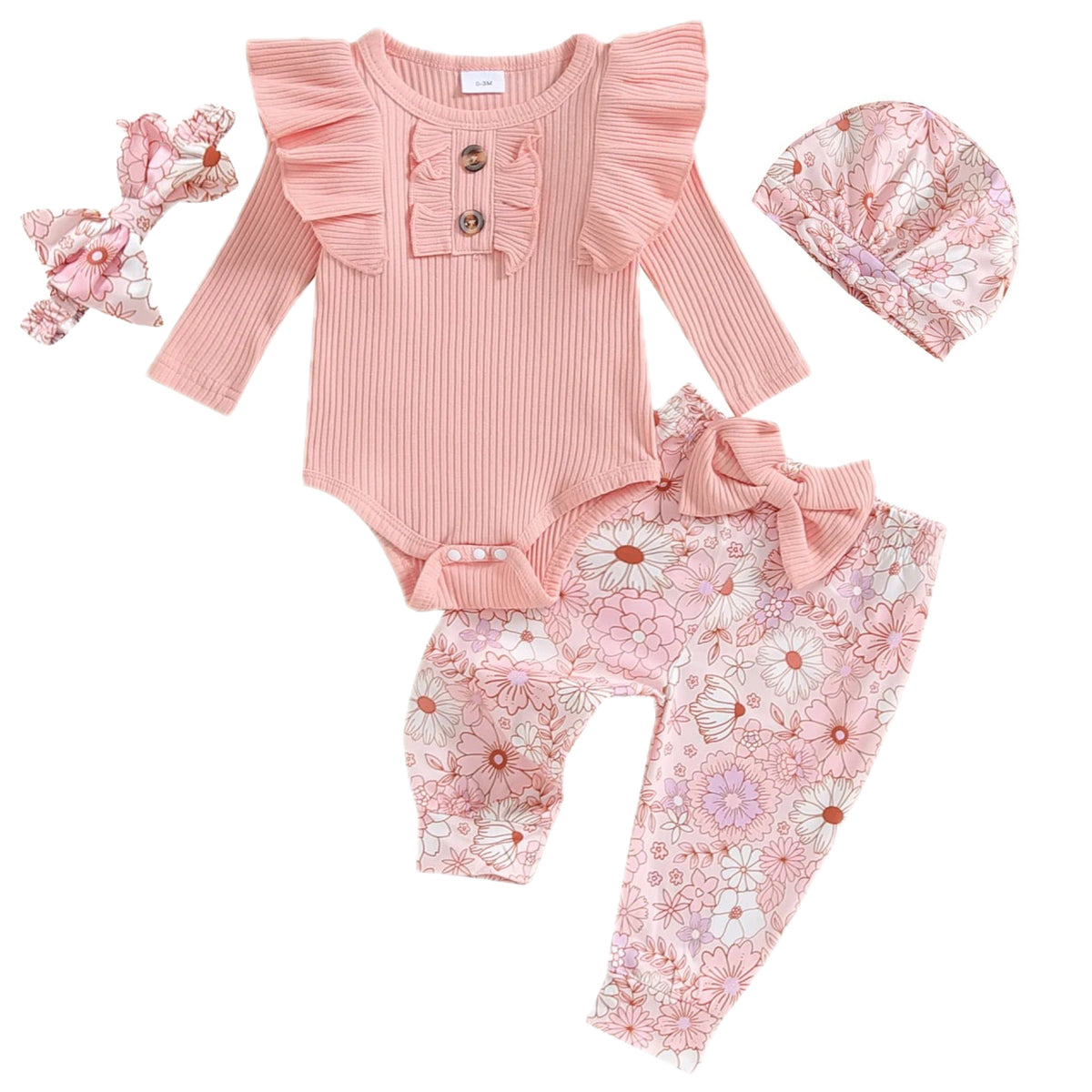 Pink Baby Girl Outfit Set – Ribbed Romper, Harem Pants & Headband ...